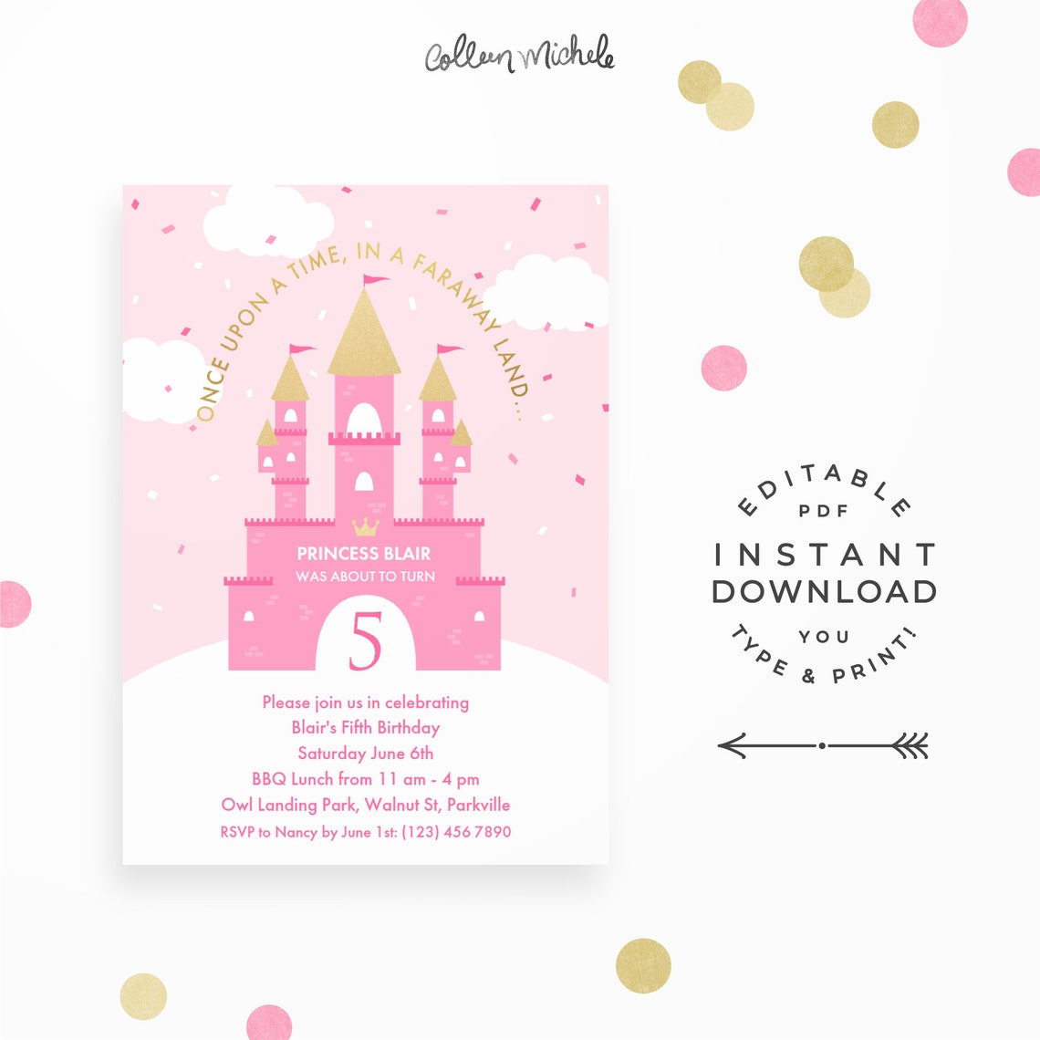 Princess Invitation Instant Download Printable. Pink and Gold | Etsy