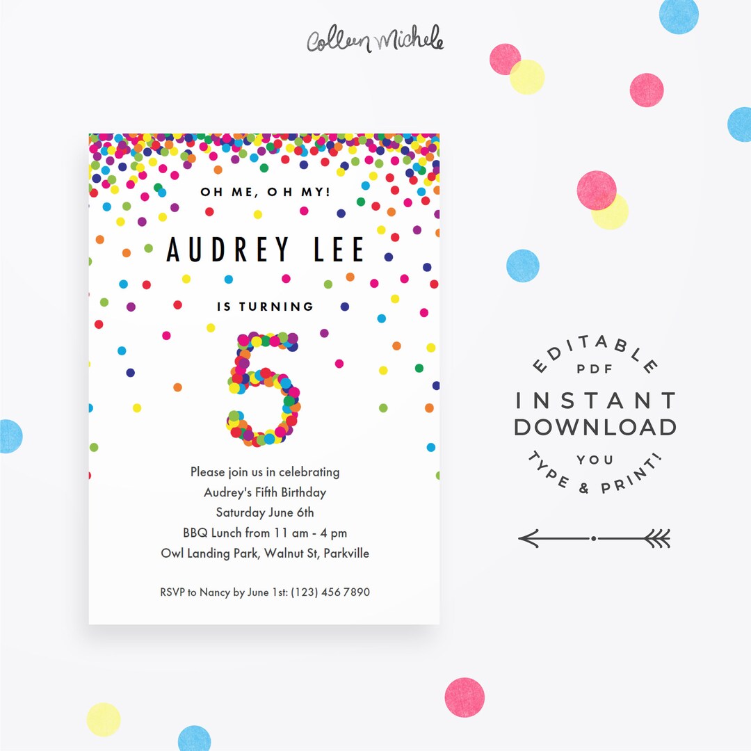 Rainbow 5th Birthday Party Invitation, Instant Download Printable PDF ...