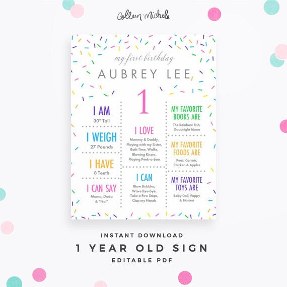 Cute Girl 1 Year Old Sign Editable PDF Download. First - Etsy