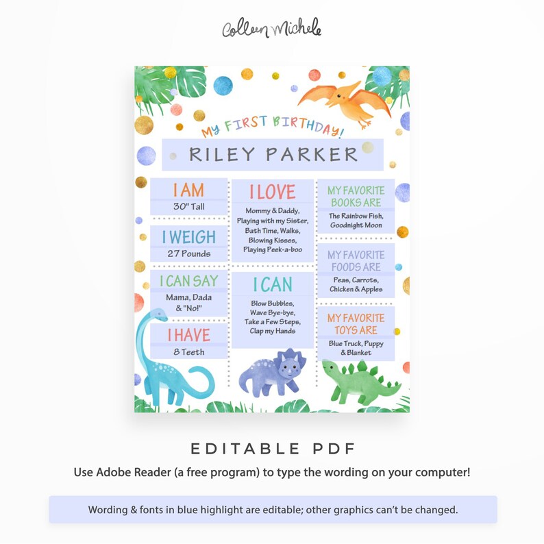 Dinosaur 1 Year Old Sign. First Birthday Poster Editable PDF - Etsy
