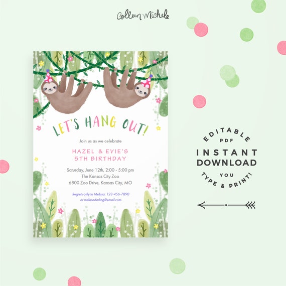 Twin Sloth Birthday Party Invitation, Instant Download, Editable ...