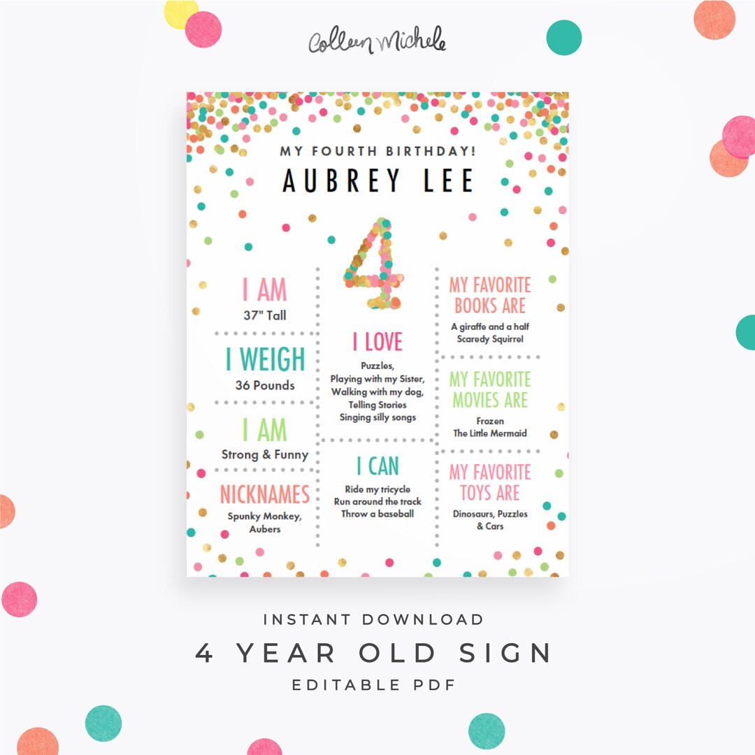 Cute Girl 4th Birthday Sign, Editable PDF Download. Fourth Birthday ...