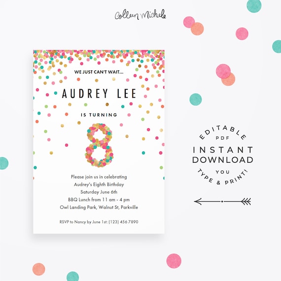 Girl 8th Birthday Invitation Instant Download Printable Pdf Cute 8