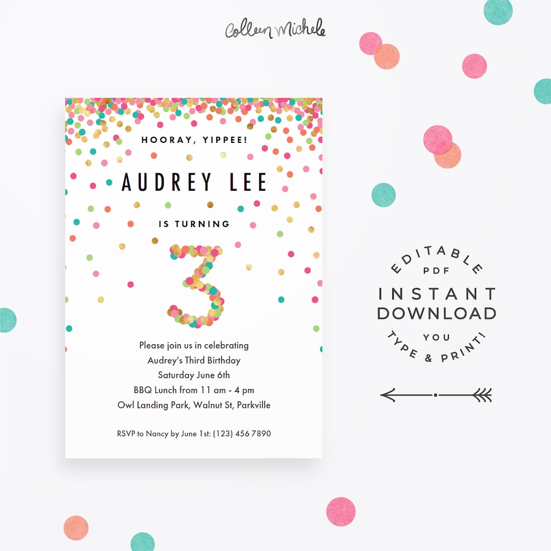 Girl 3rd Birthday Invitation, Instant Download Printable PDF. 3 Year ...