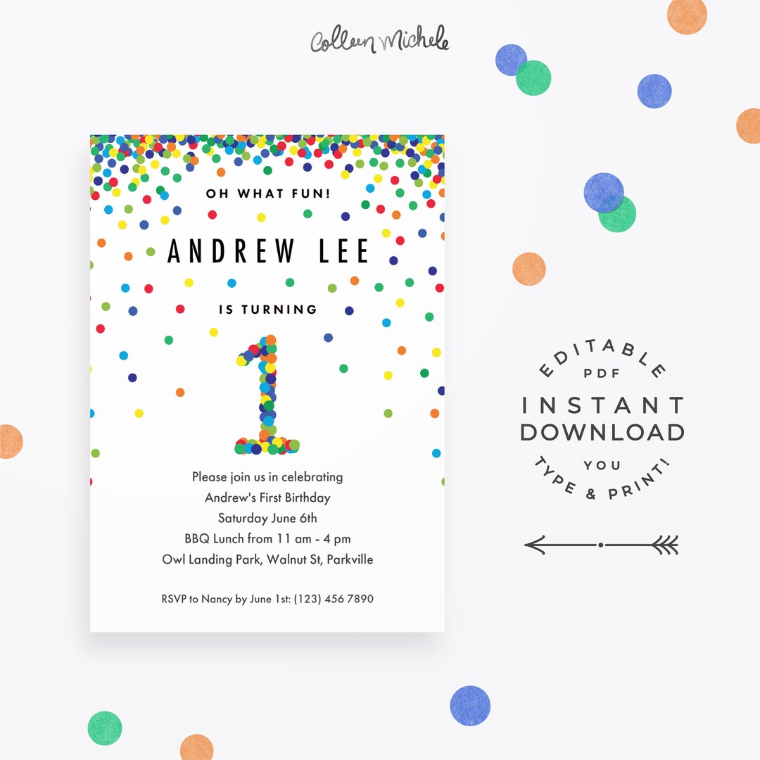 Confetti 1st Birthday Invitation Boy Editable Invitation. - Etsy