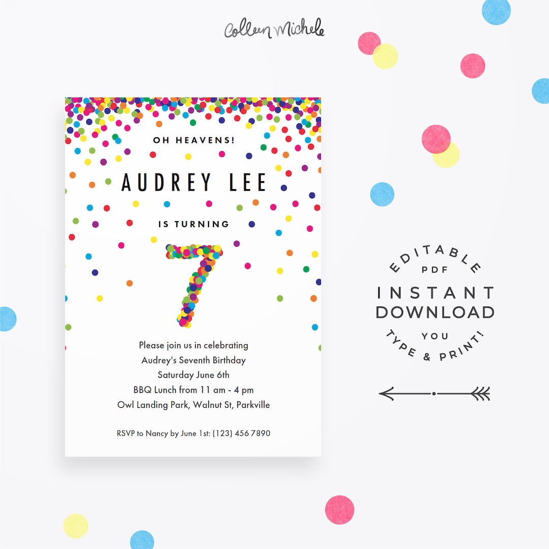Rainbow 7th Birthday Party Invitation, Instant Download Printable PDF ...