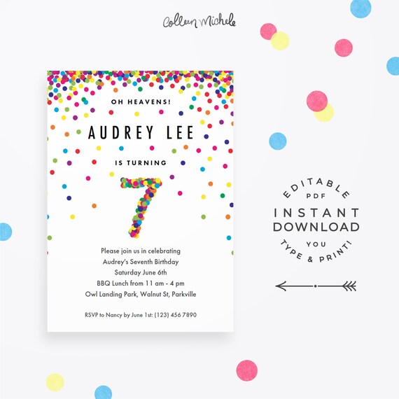 Rainbow 7th Birthday Party Invitation Instant Download Printable PDF