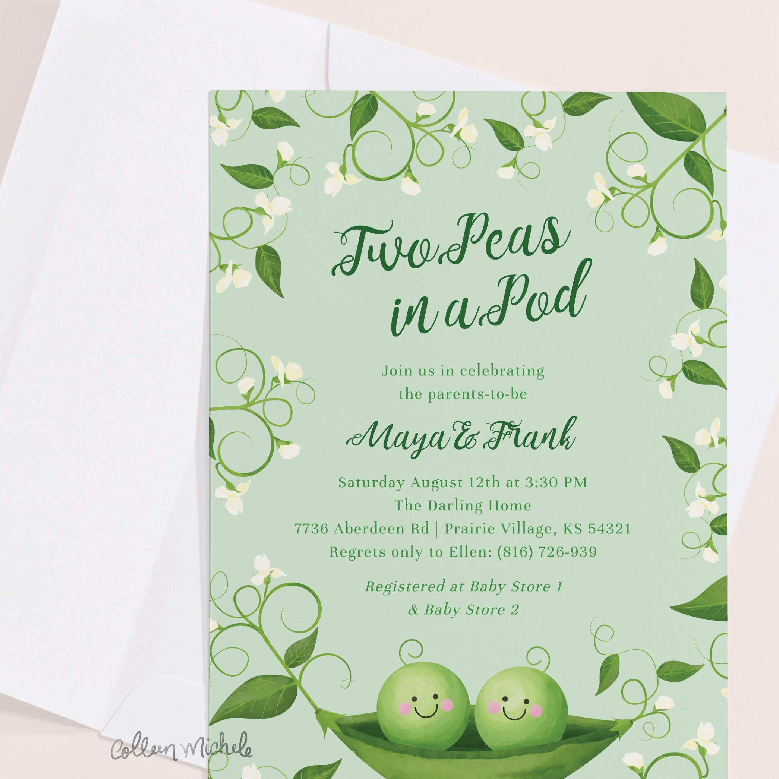 Two Peas in A Pod Editable Twin Baby Shower Invitation. - Etsy