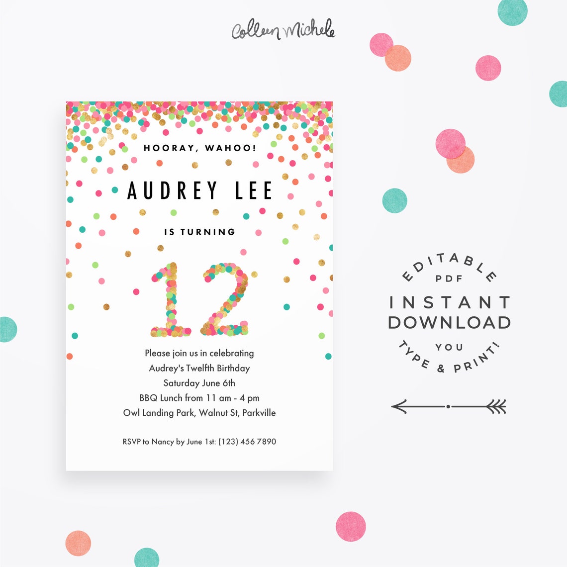 Girl 12th Birthday Invitation Instant Download Printable PDF. - Etsy ...