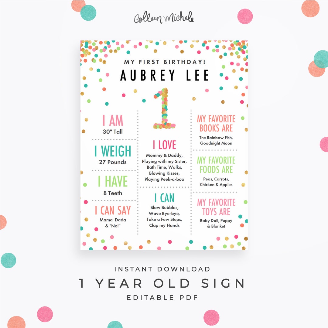 Cute Girl 1 Year Old Sign, Editable PDF Download. First Birthday Poster ...