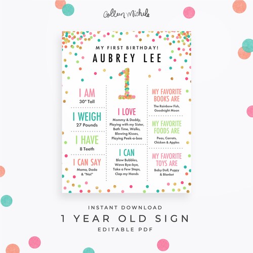 Cute Girl 1 Year Old Sign Editable PDF Download. First - Etsy