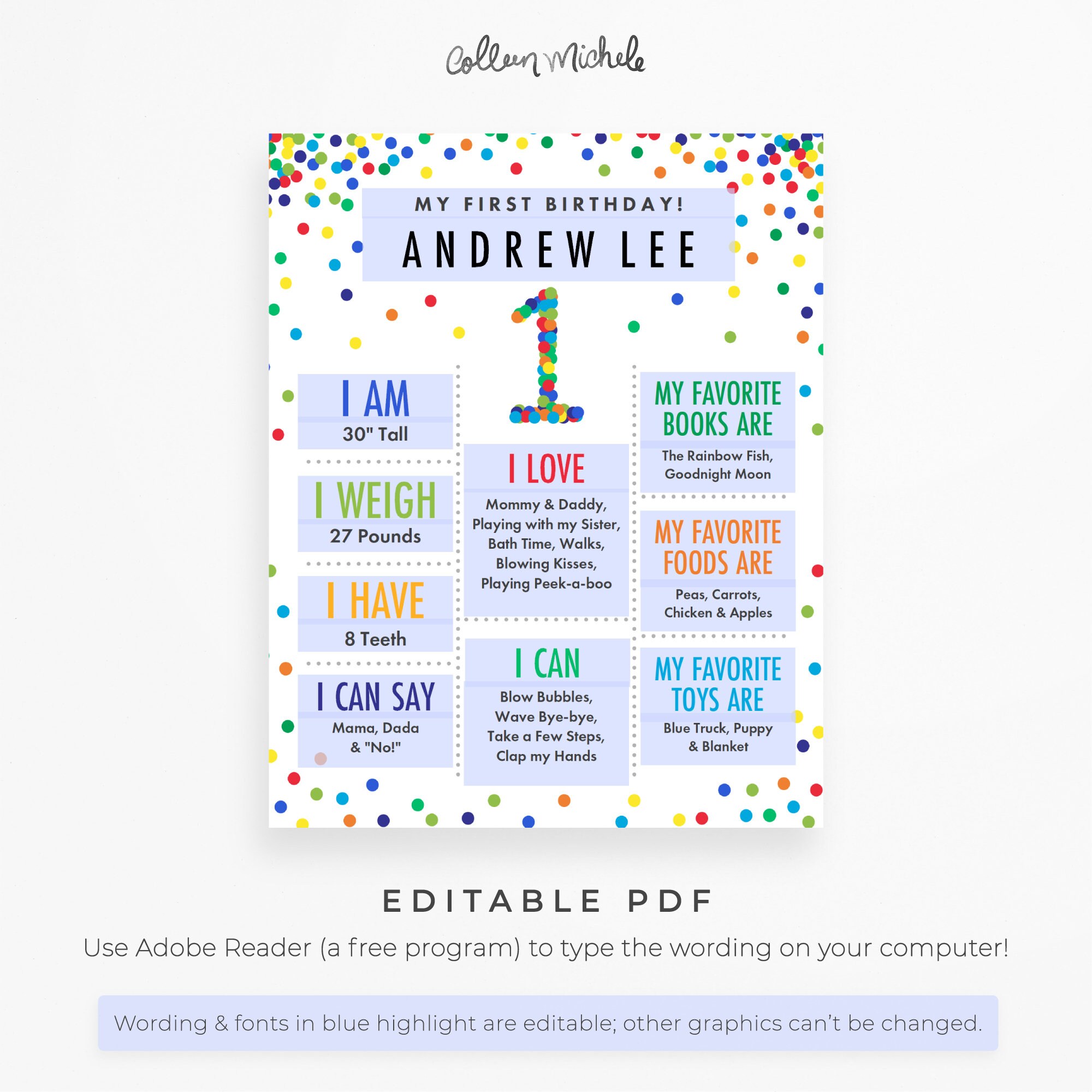 Confetti One Year Old Sign Editable PDF Instant Download. 1st - Etsy