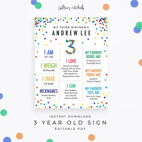 Confetti Three Year Old Sign, Editable PDF Instant Download. 3rd ...