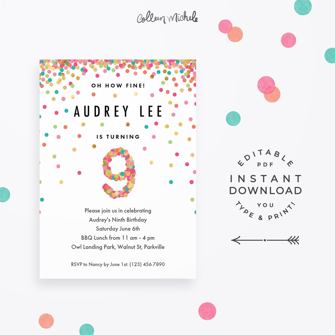 Girls 9th Birthday Invitation, Instant Download Printable PDF. 9 Year ...