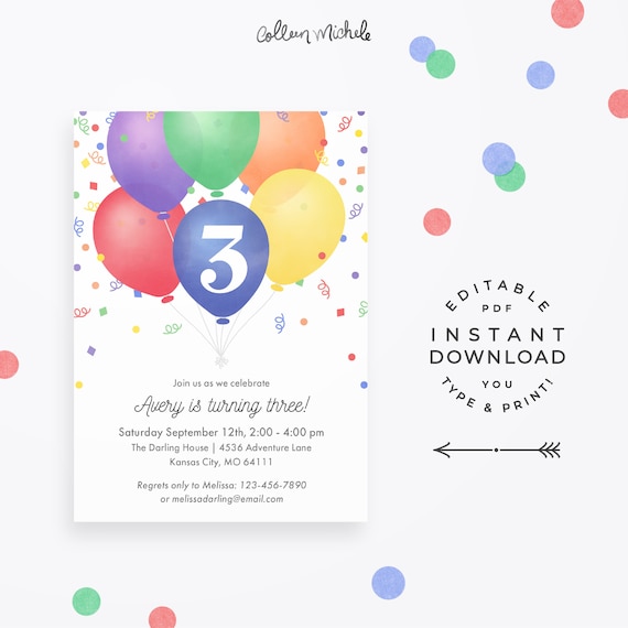 Balloons Birthday Invitation, Instant Download Editable PDF. Colorful ...