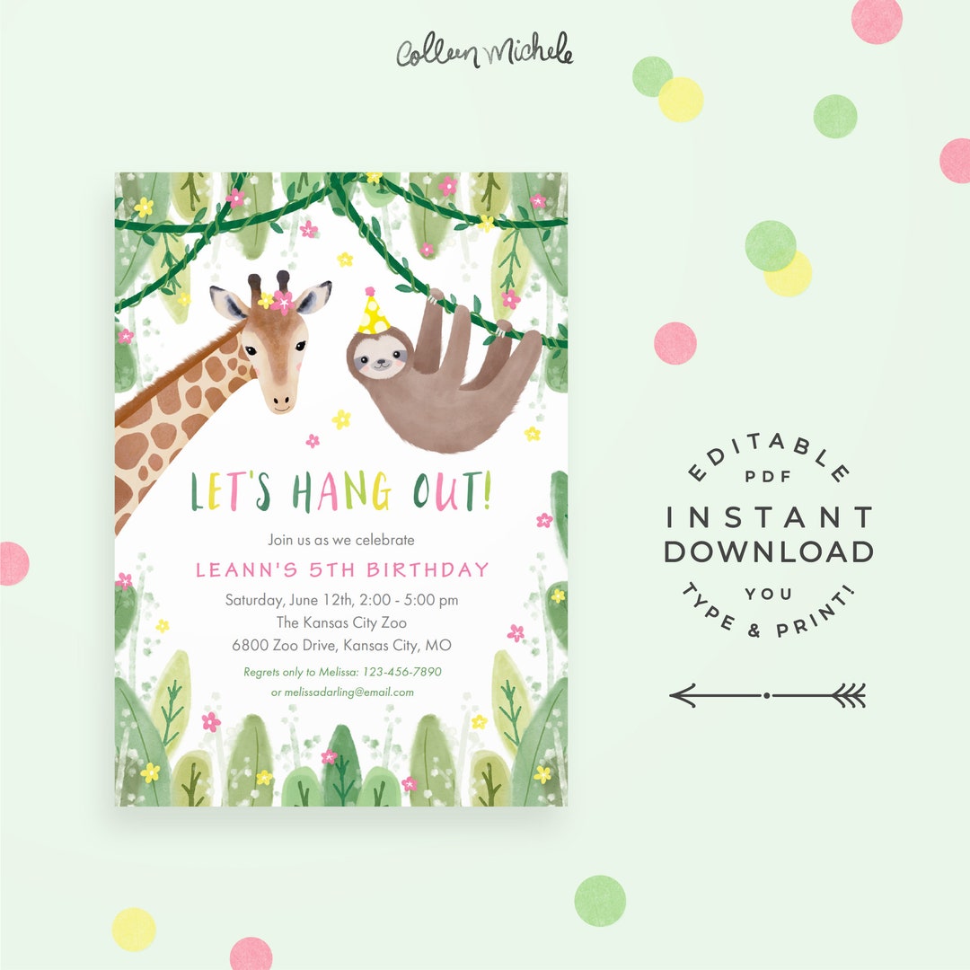 Zoo Birthday Party Invitation Girl, Instant Download. Editable ...