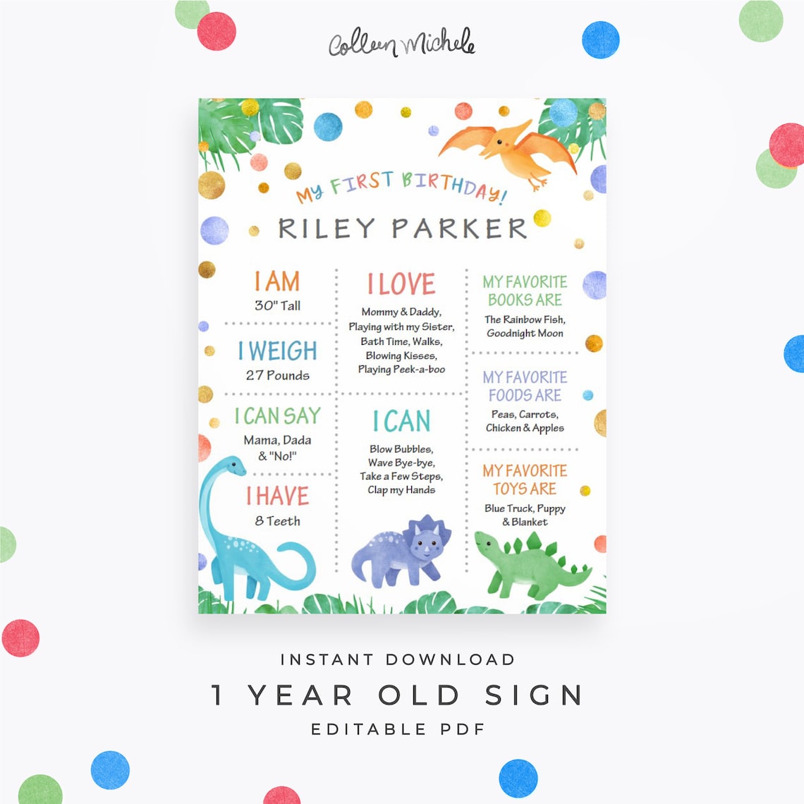 Dinosaur 1 Year Old Sign. First Birthday Poster Editable PDF | Etsy