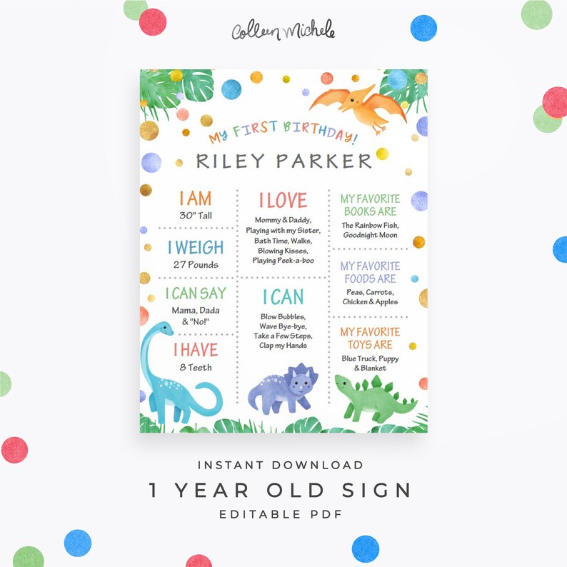 Dinosaur 1 Year Old Sign. First Birthday Poster Editable PDF - Etsy