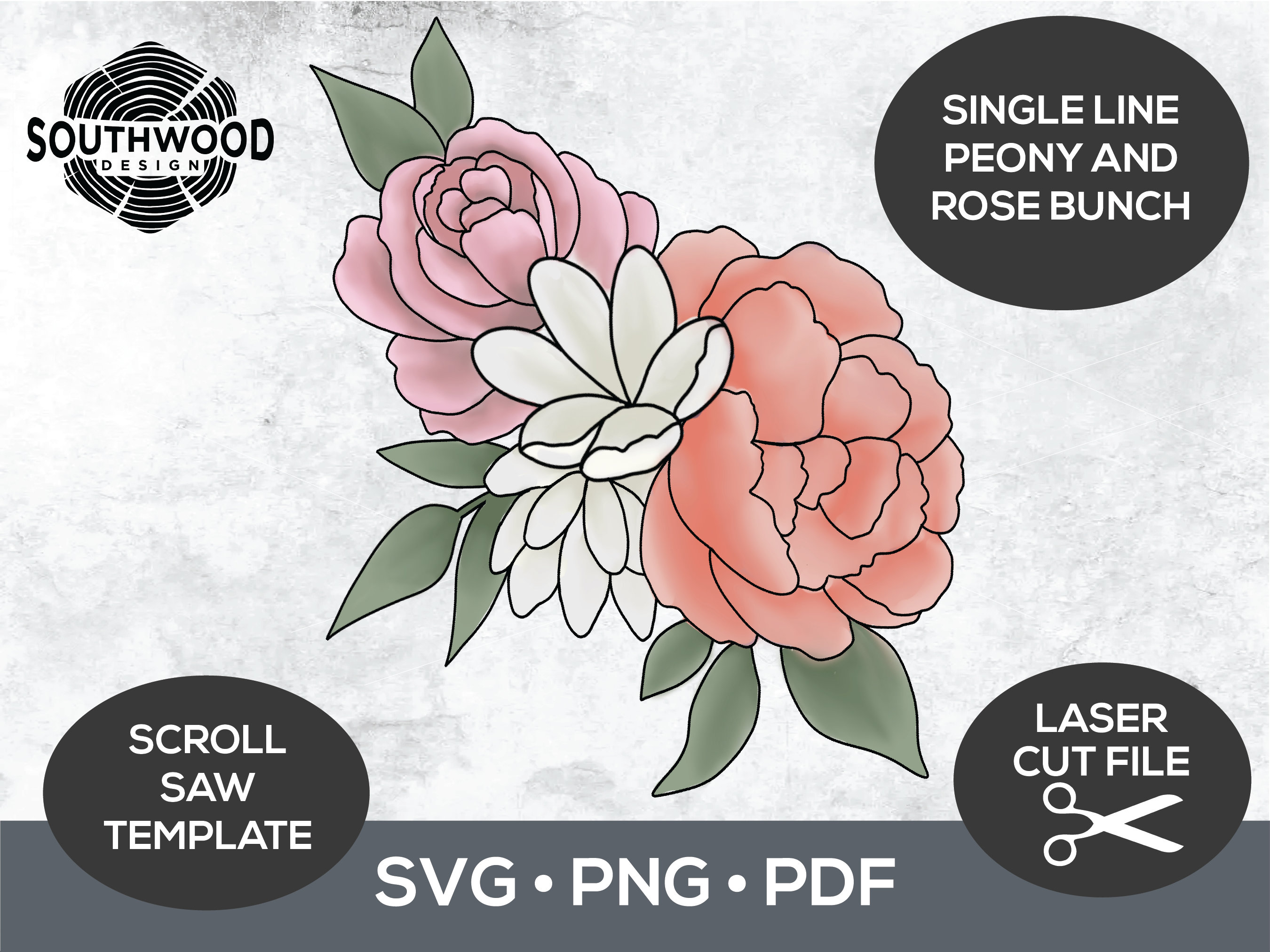 Peony Rose Single Line Laser SVG File, Peony Rose Scroll Saw Pattern ...