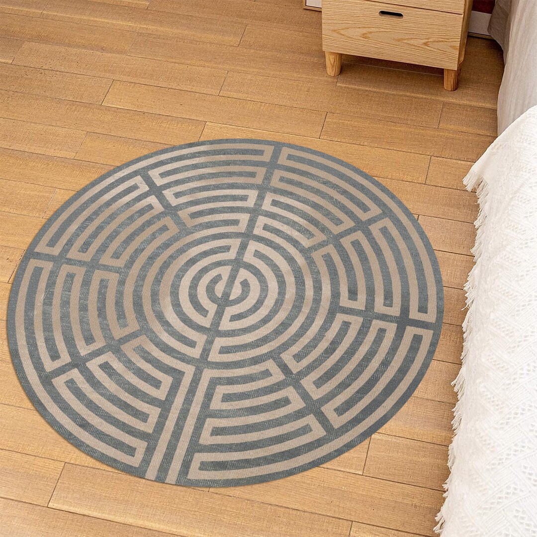 Round Maze Pattern Rug 5x5: Modern Geometric Area Carpet in Grey ...