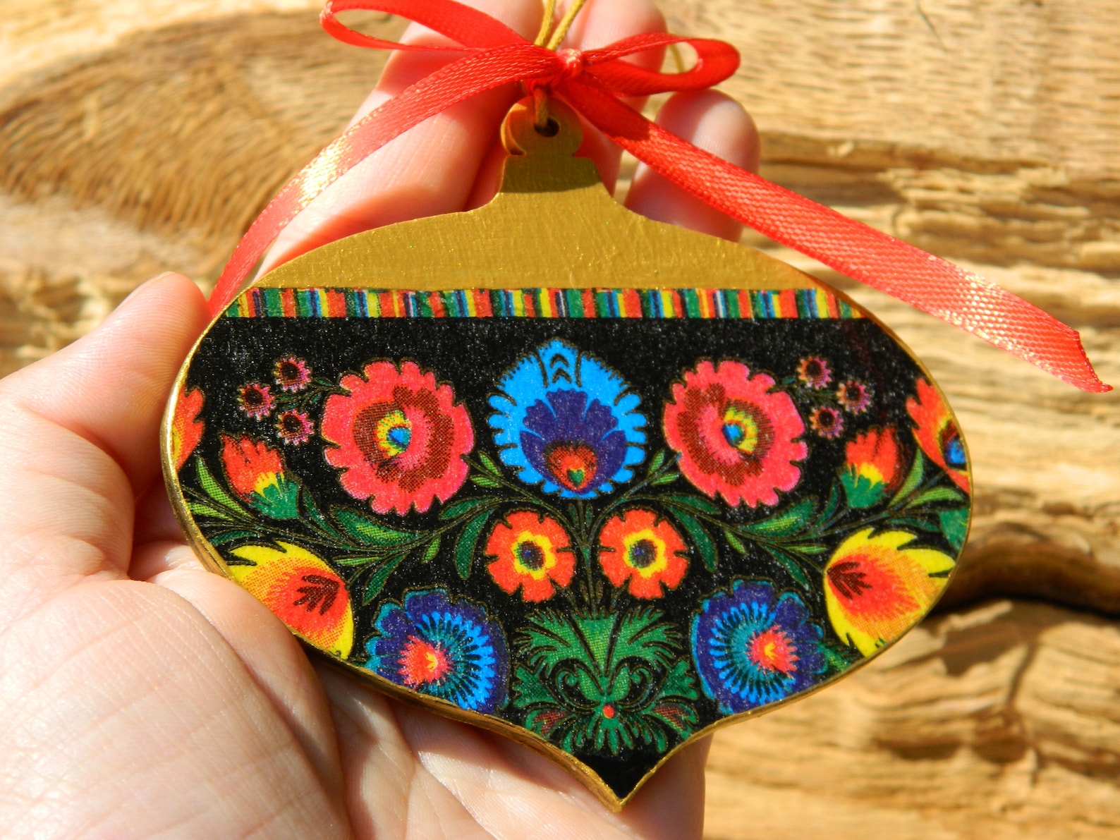 Wooden Christmas tree bauble Polish folk wooden decor Gold | Etsy