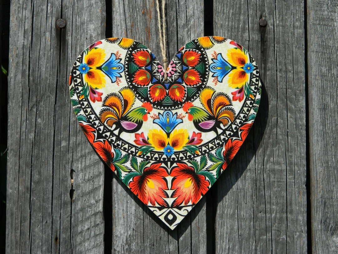 Polish Folk Art on Wood Heart, Rustic Home Décor, Gift From Poland ...