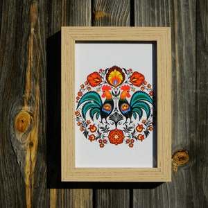 Polish Folk Framed Print, Roosters and Flowers, Polish Design, Wall Art ...