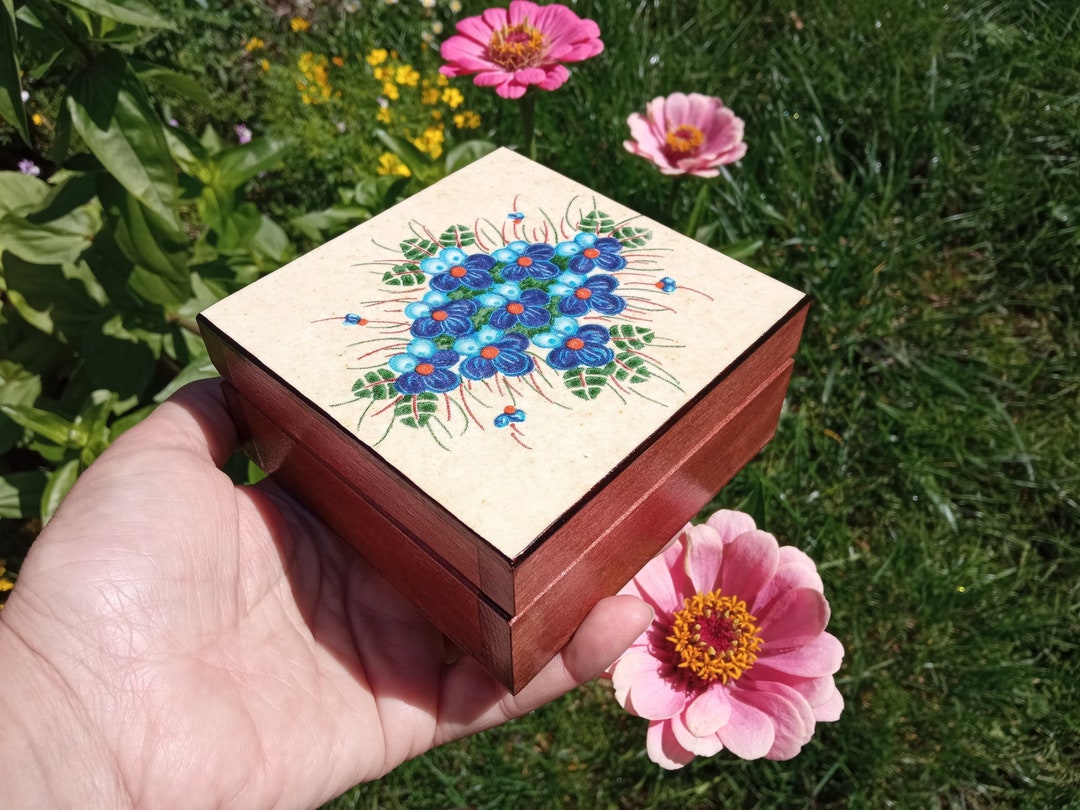 Small Wooden Box With Blue Folk Flowers, Polish Folk Art, Made in ...