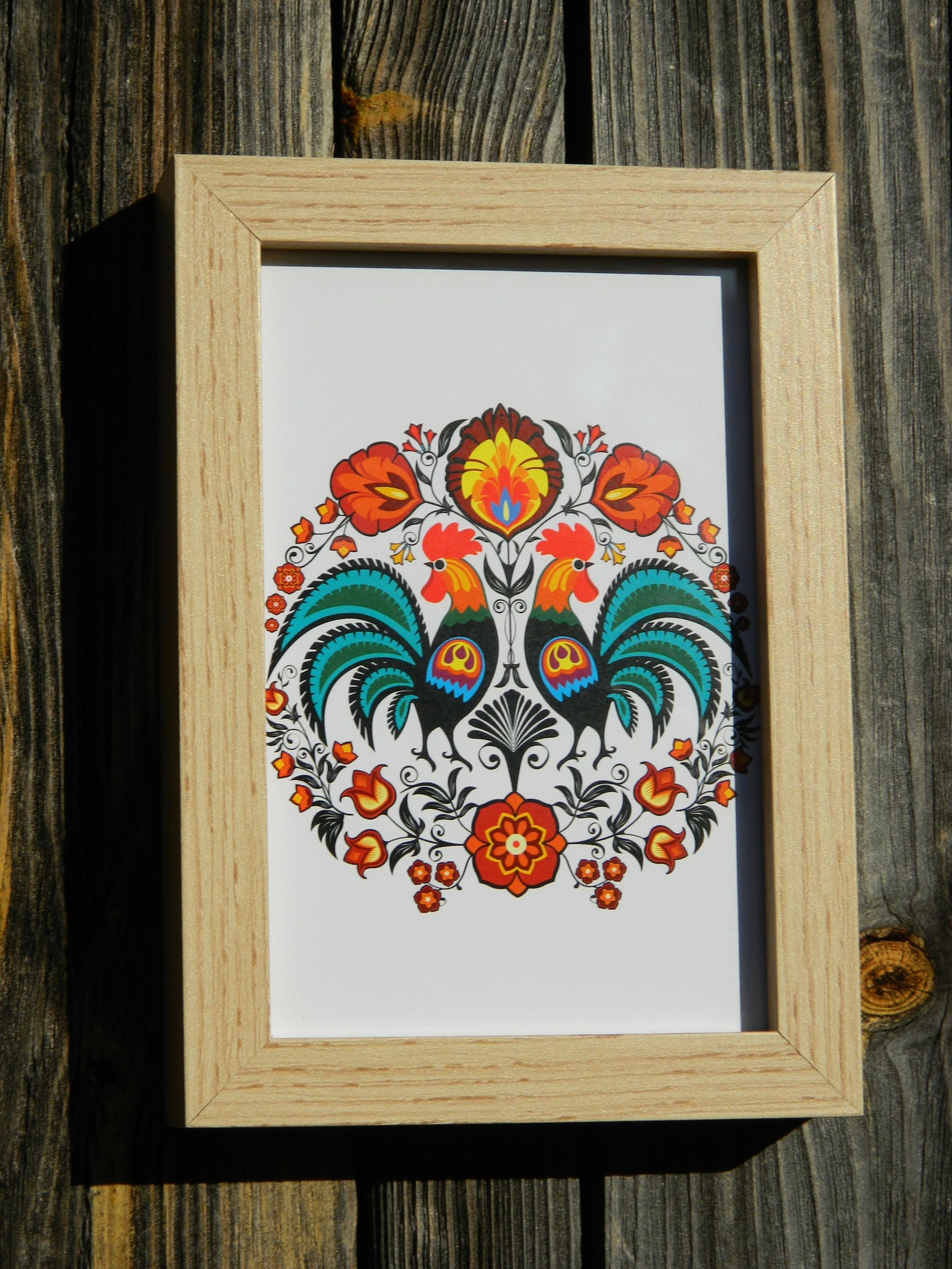 Polish Folk Framed Print Roosters and Flowers Polish Design | Etsy