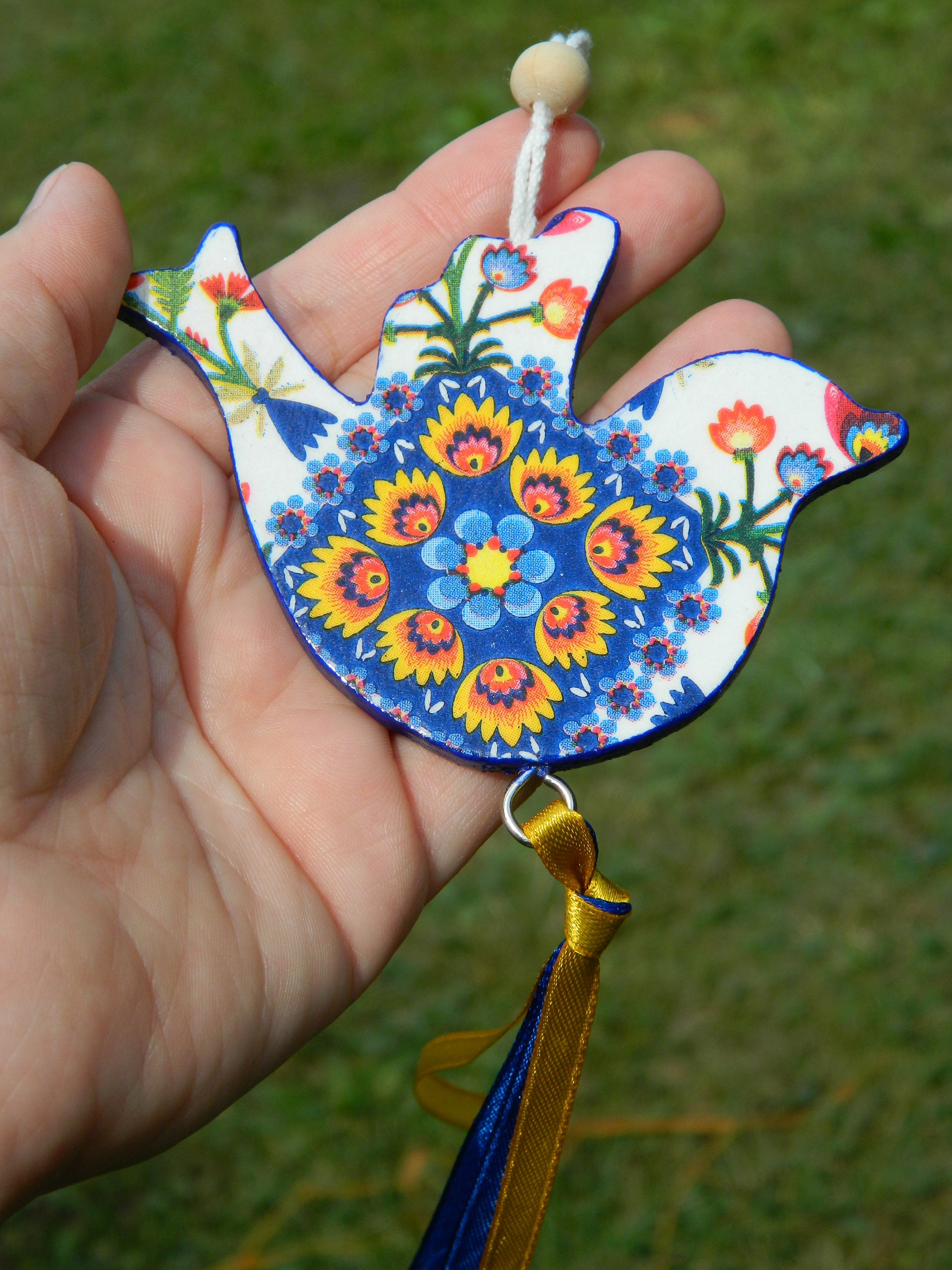 Polish folk bird decor Wooden flying bird with ribbons | Etsy