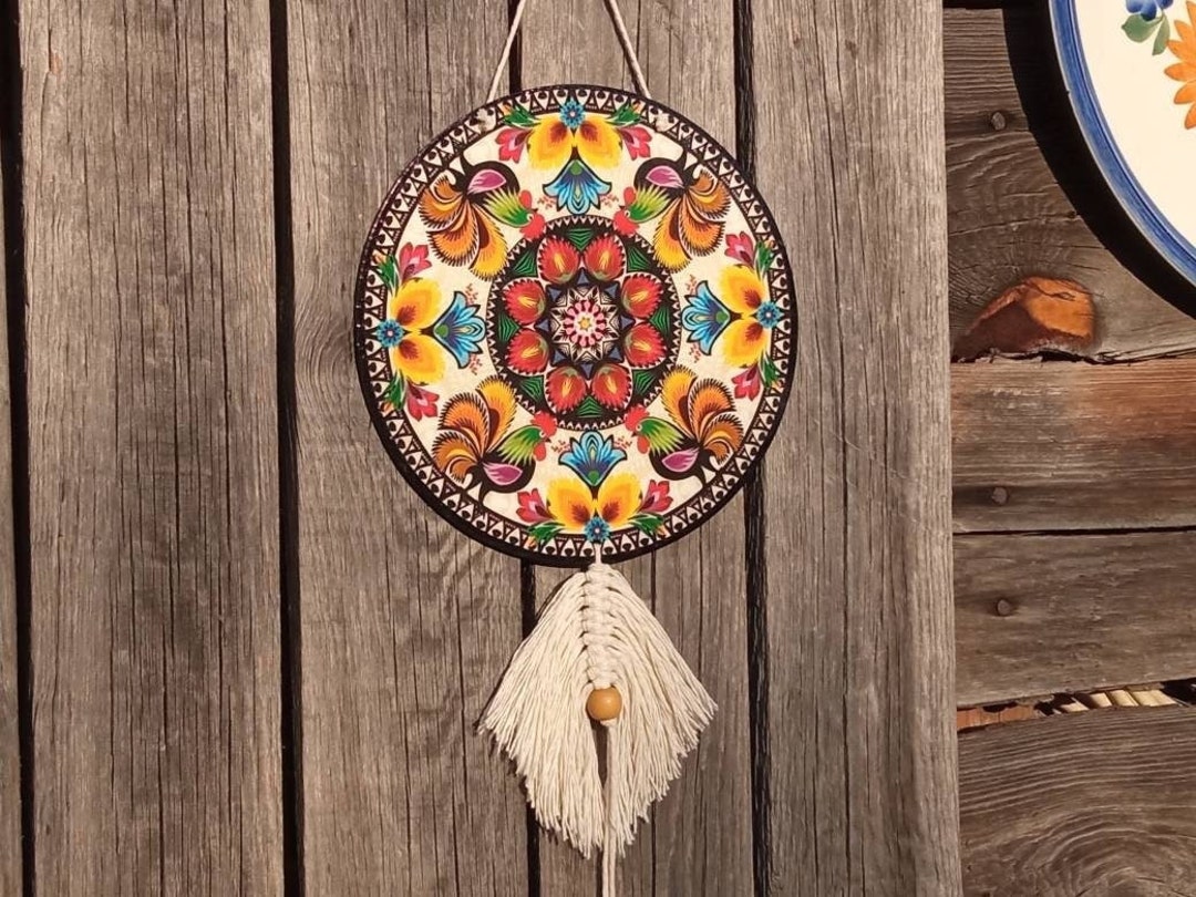Polish Folk Art Wall Hanging Decor With Macrame, Folk Rooster Boho ...