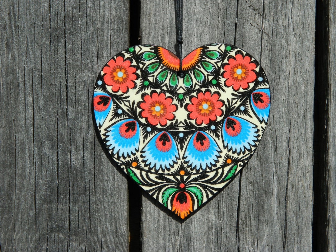 Polish Folk Art on Wood Heart, Rustic Home Décor, Gift From Poland ...