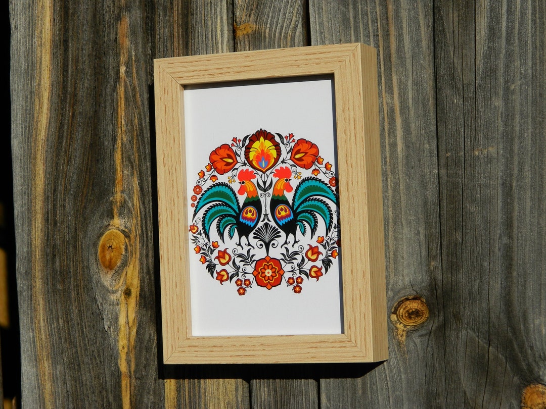 Polish Folk Framed Print, Roosters and Flowers, Polish Design, Wall Art ...