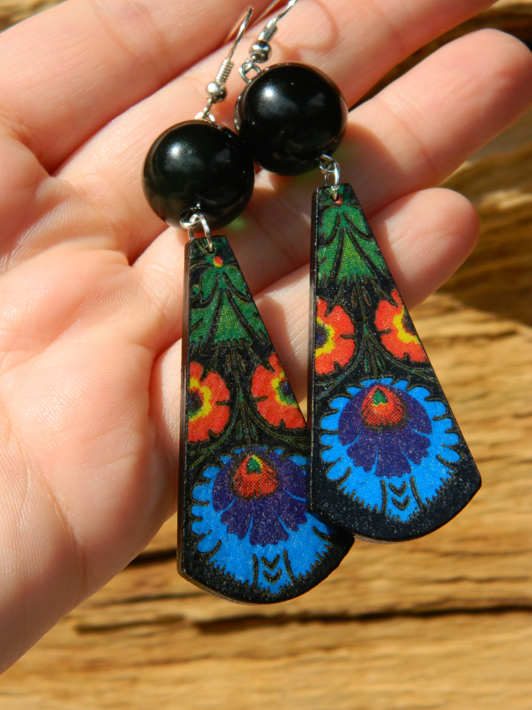 Polish folk art jewelry Folk flowers earrings Blue black | Etsy
