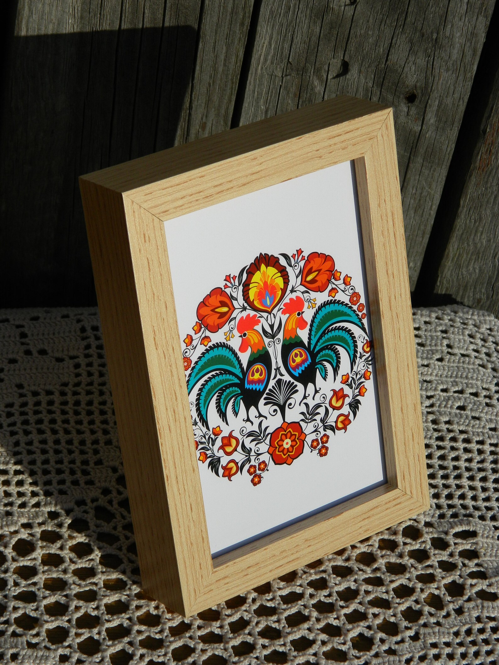Polish Folk Framed Print Roosters and Flowers Polish Design | Etsy