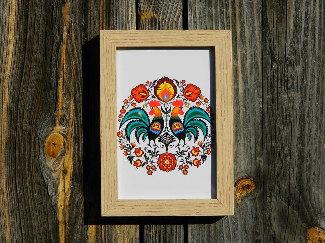 Polish Folk Framed Print Roosters and Flowers Polish Design | Etsy