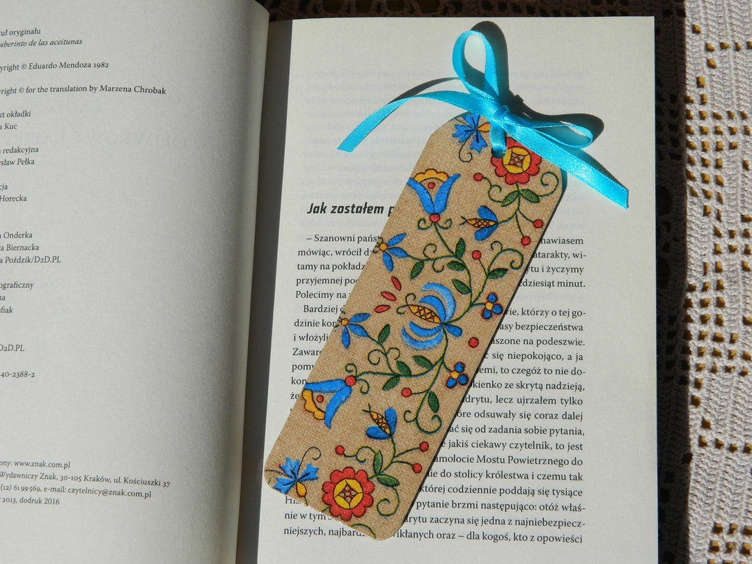 Polish Kashubian Folk Art Bookmark, Delicate Blue Flowers on a Beige ...