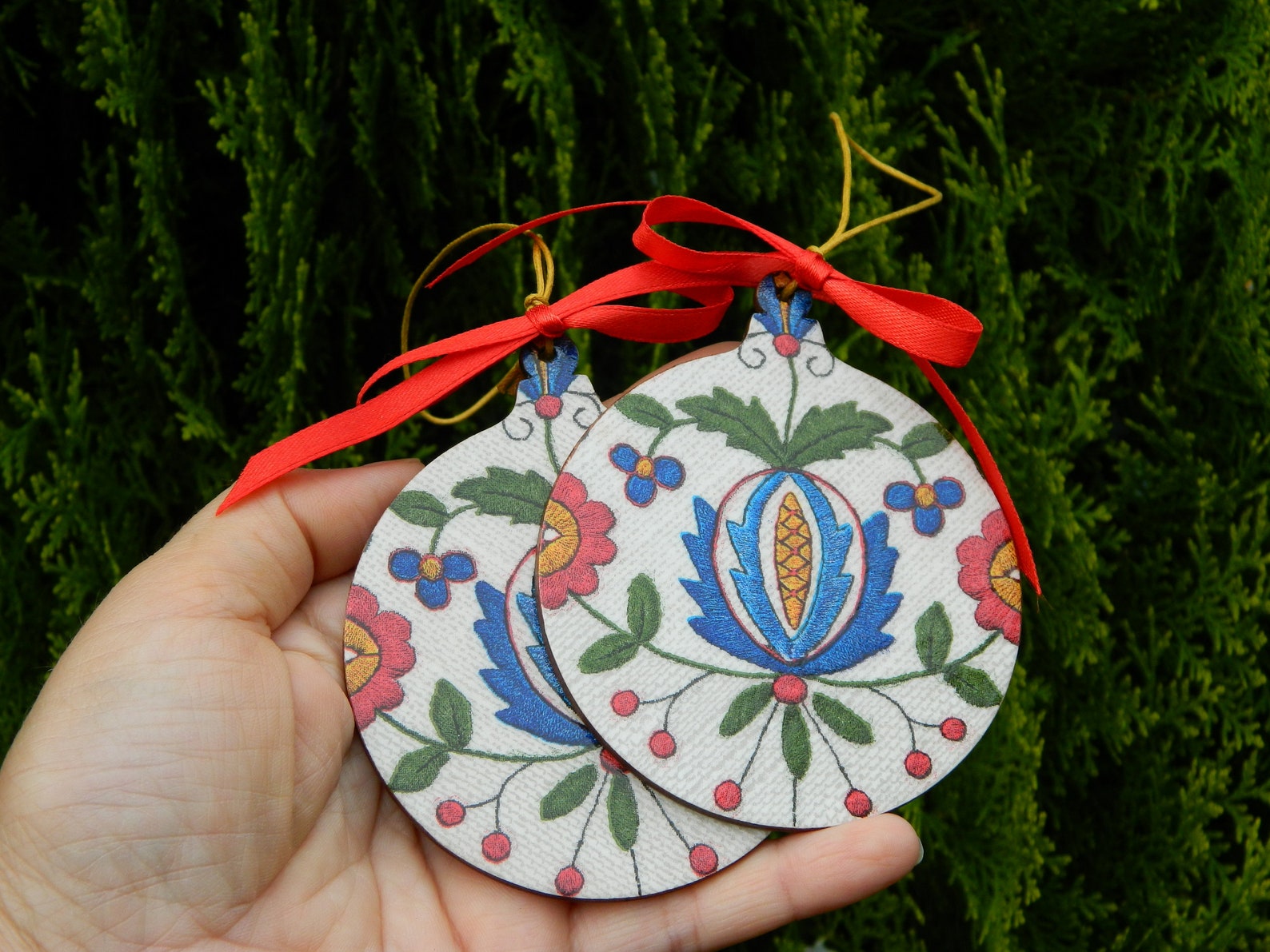 Wooden Christmas Tree Bauble Polish Folk Wooden Decor Red | Etsy