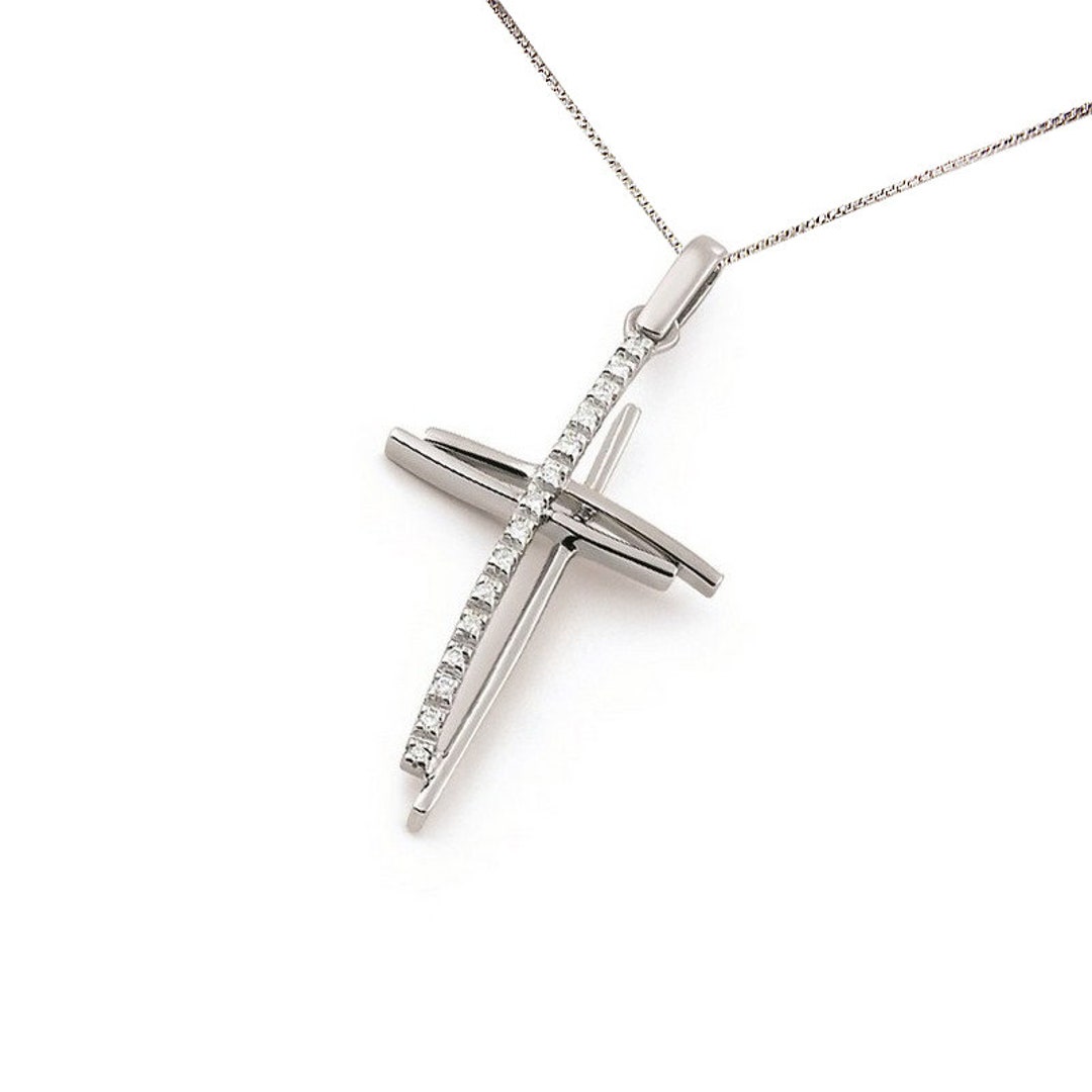 Double Cross Necklace for Women, Diamond Cross Necklace, 18 Karat White ...