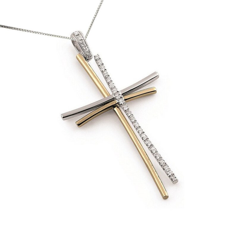 Two Tone Double Cross Necklace, Unique Double Cross Necklace, 18 Karat ...
