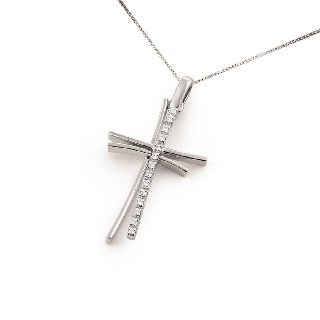 Straight Double Cross Necklace, 18K White Gold, White Gold Cross Pendant Necklace, Unique ...