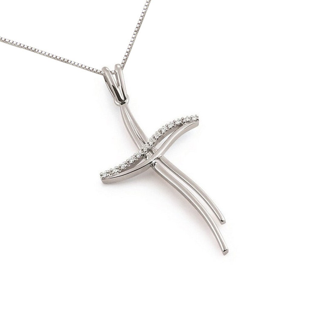 Curved Double Cross Necklace, Unique Diamond Cross Necklace, 18 Karat ...