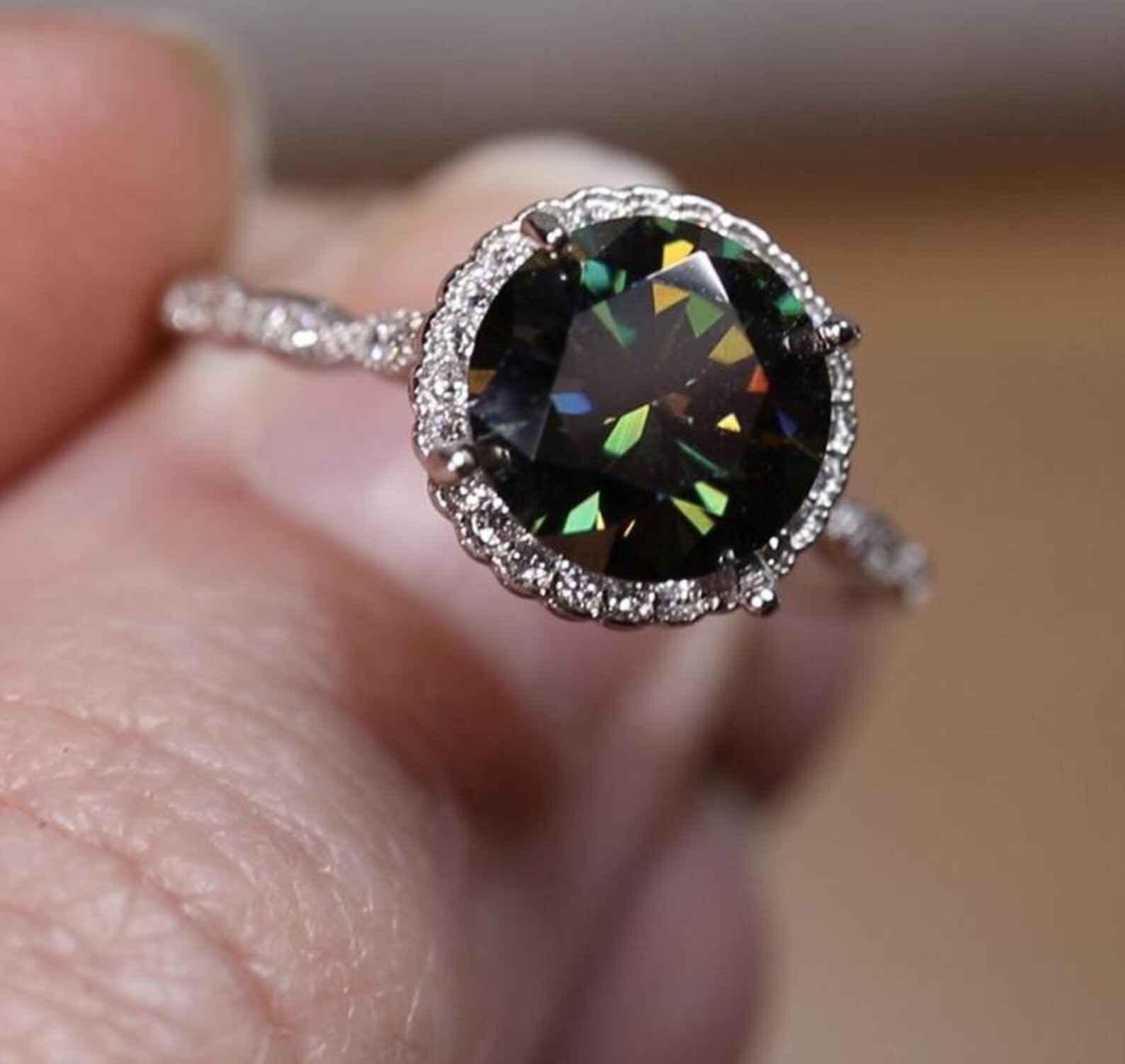 Black moissanite ring silver engagement style halo bridal | Etsy