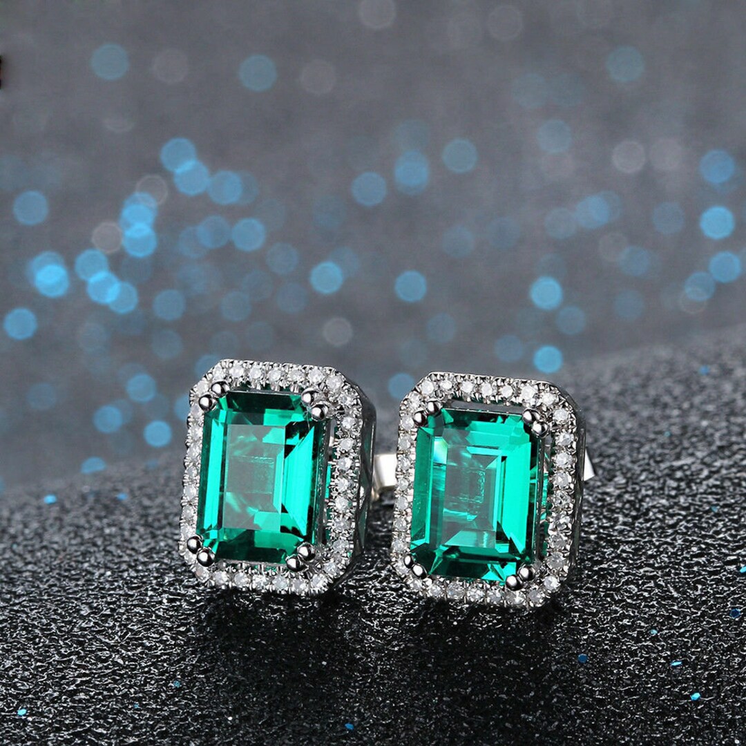 Emerald Cut Diamond Earrings Halo Earrings 1 Ct Total Emerald Shaped ...