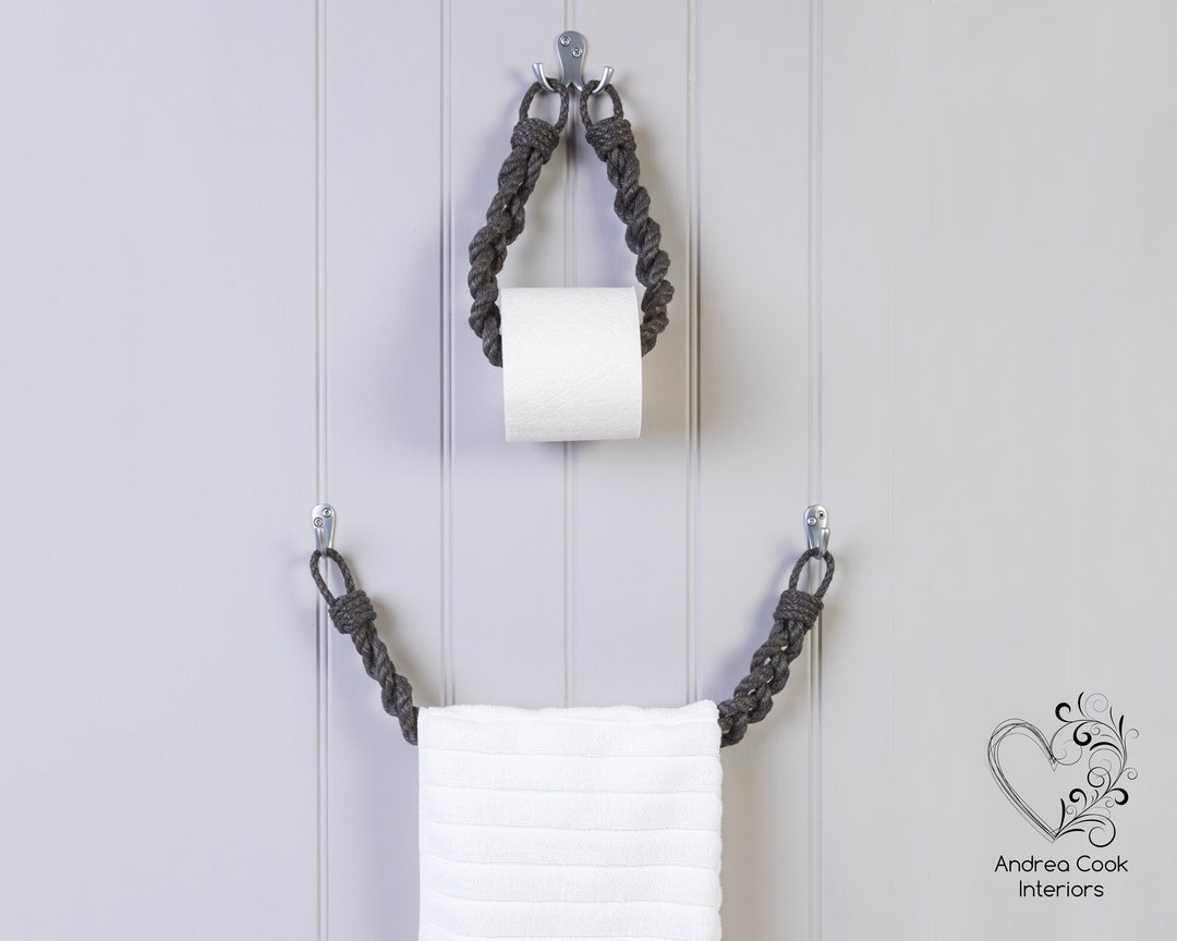 Set of Braided Charcoal Grey Rope Toilet Roll Holder and Braided ...