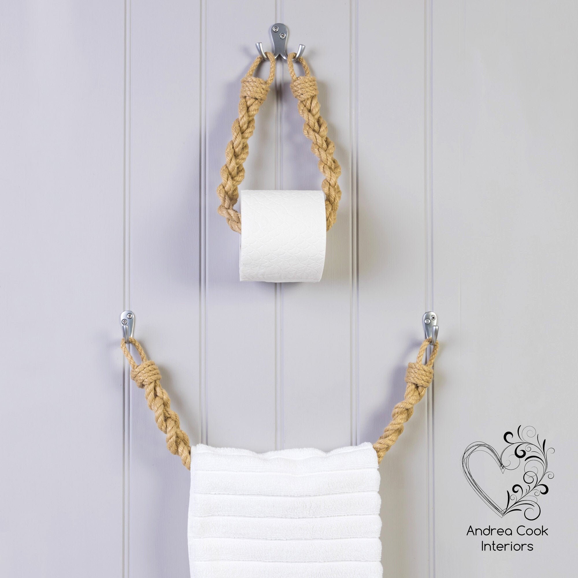 Set of Braided Beige Rope Toilet Roll Holder and Braided Beige Rope ...