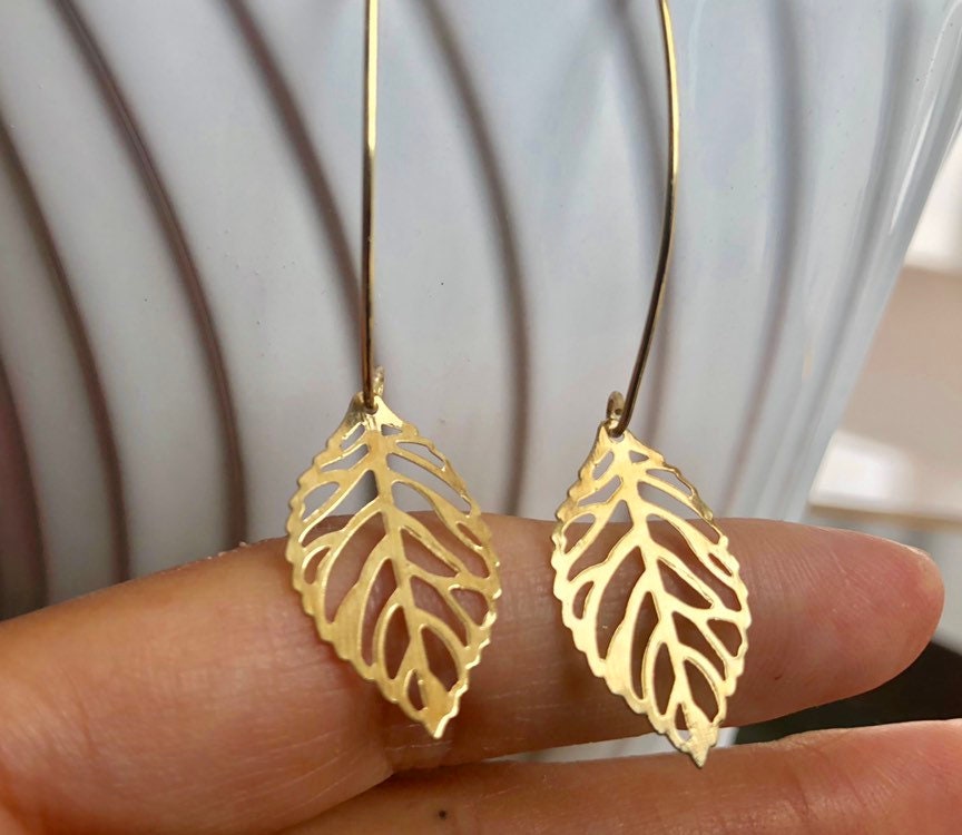 Gold Leaf Earrings, Long Threader Earrings, Filigree Leaf Earrings ...