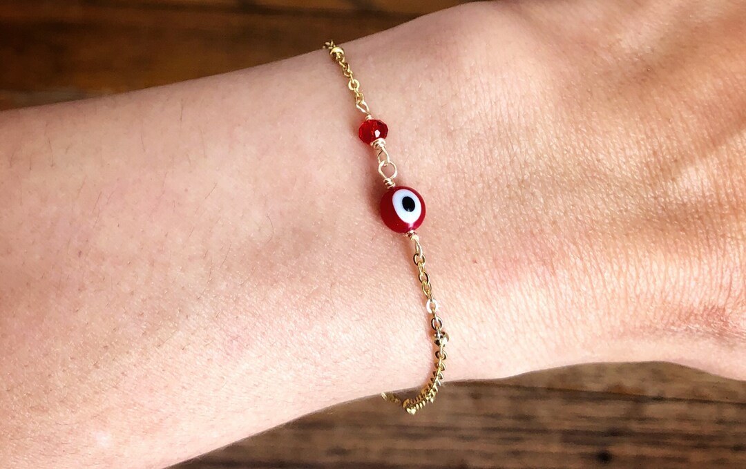 Dainty Evil Eye Bracelet, Red Birthstone Bracelet, Tiny Gemstone ...
