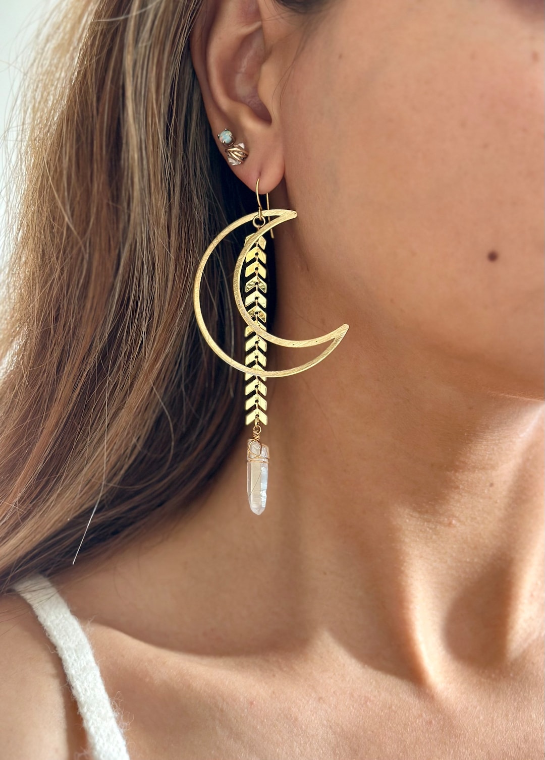 Large Moon Earrings, Gold Moon Earrings, Moon Crystal Earrings, Clear ...