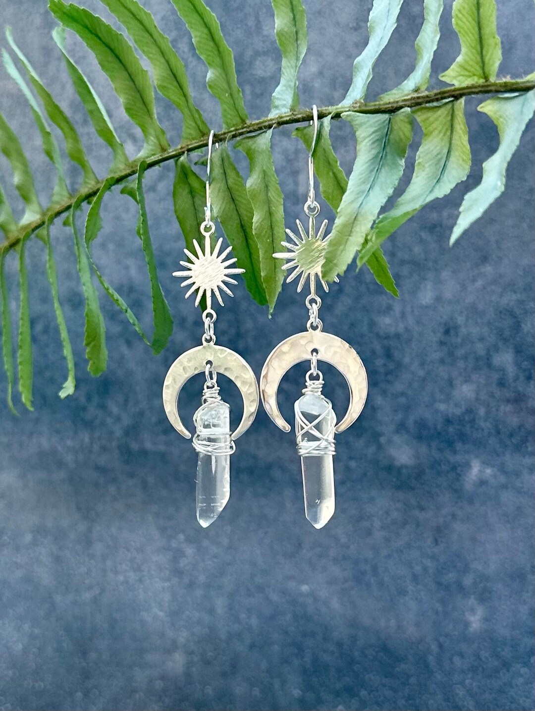 Silver Moon Earrings, Dangle Crystal Earrings, Moon and Sun Earrings, Raw Crystal Quartz ...